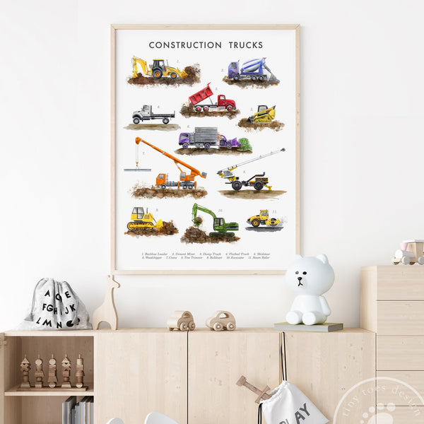 Construction Truck Educational Poster | Kid's Art | Tiny Toes Design