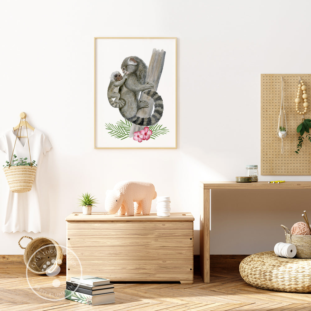 Mom and Baby Marmoset Art Print | Monkey Baby Room Decor - Tiny Toes Design