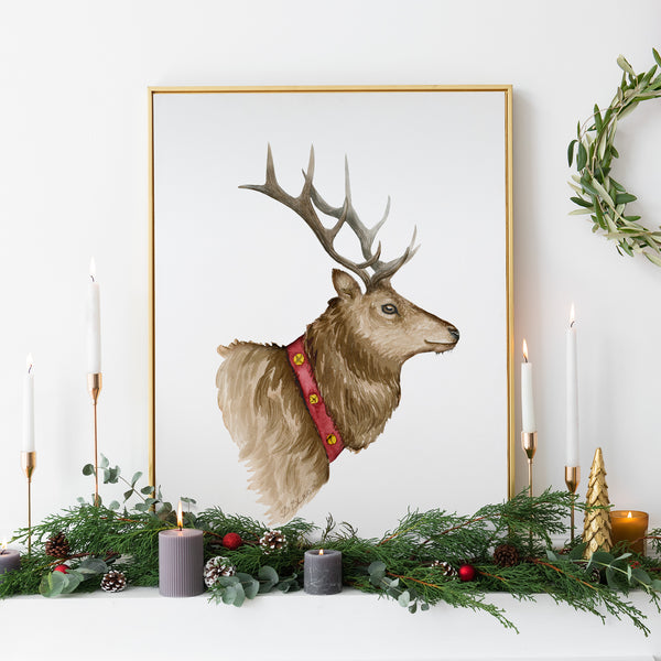 Reindeer Watercolor Print | Holiday Reindeer Decor - Tiny Toes Design