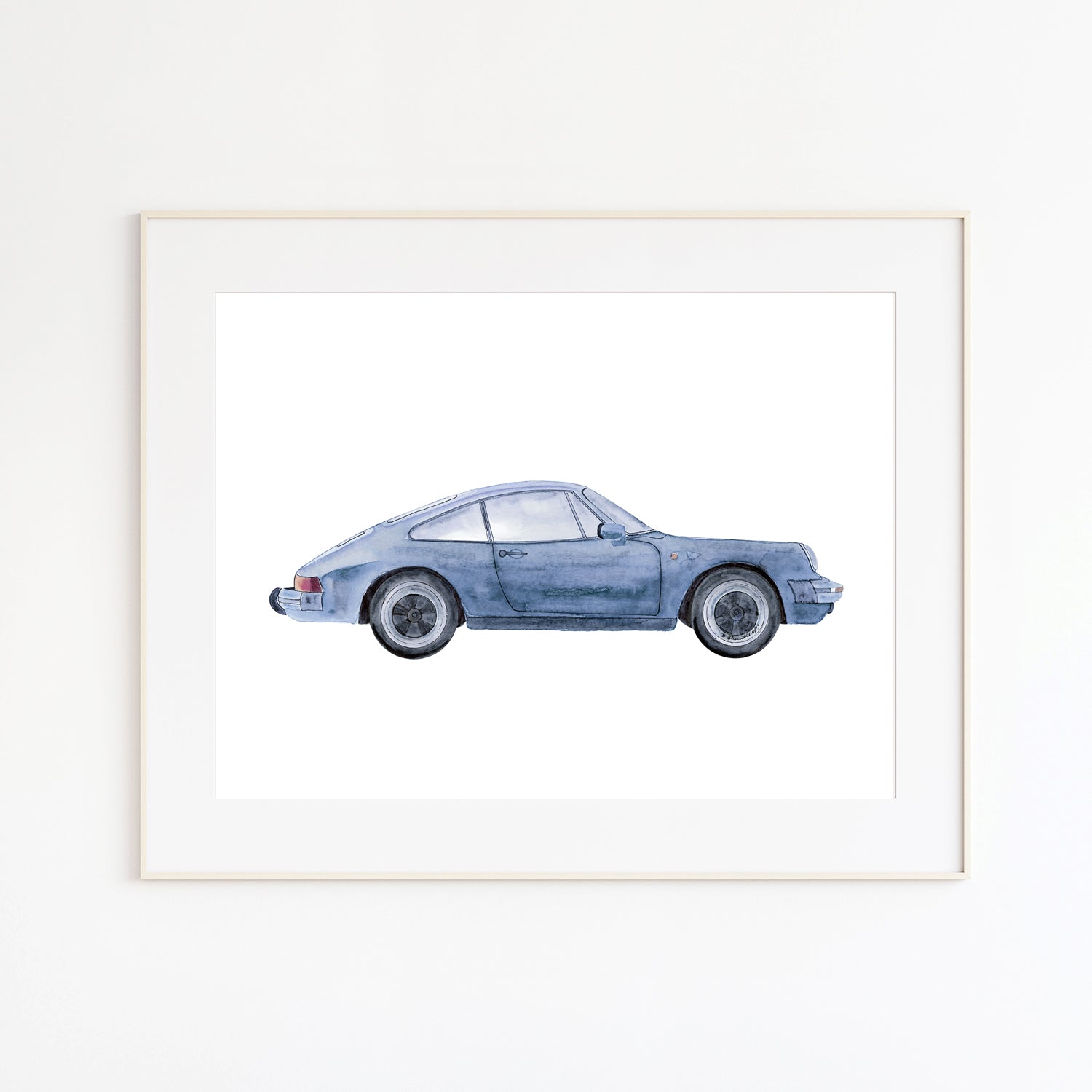 Vintage Blue Porsche Watercolor Print - Tiny Toes Design